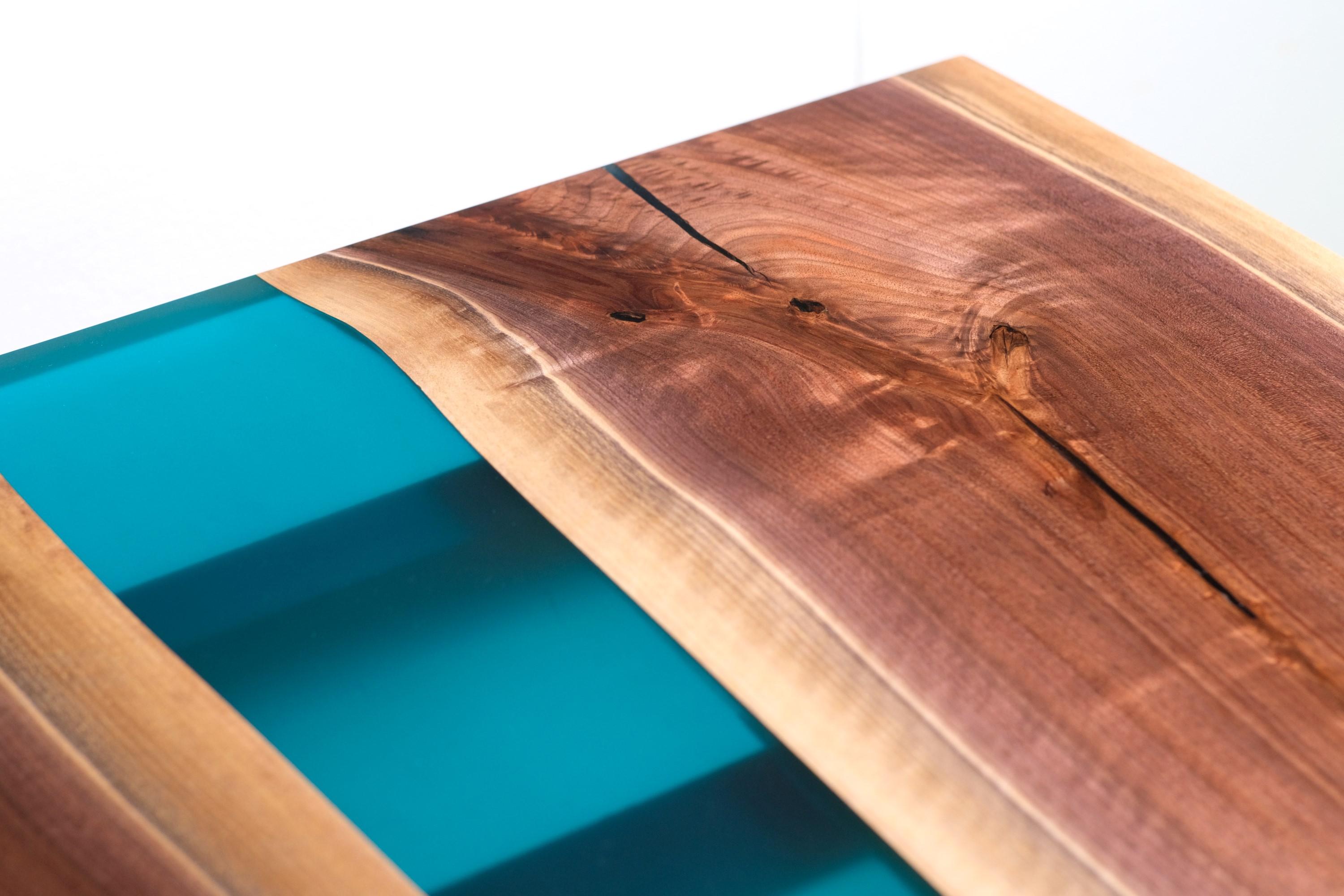 Walnut Live Edge Table w Blue Resin Details Industrial Legs Cast Iron ...