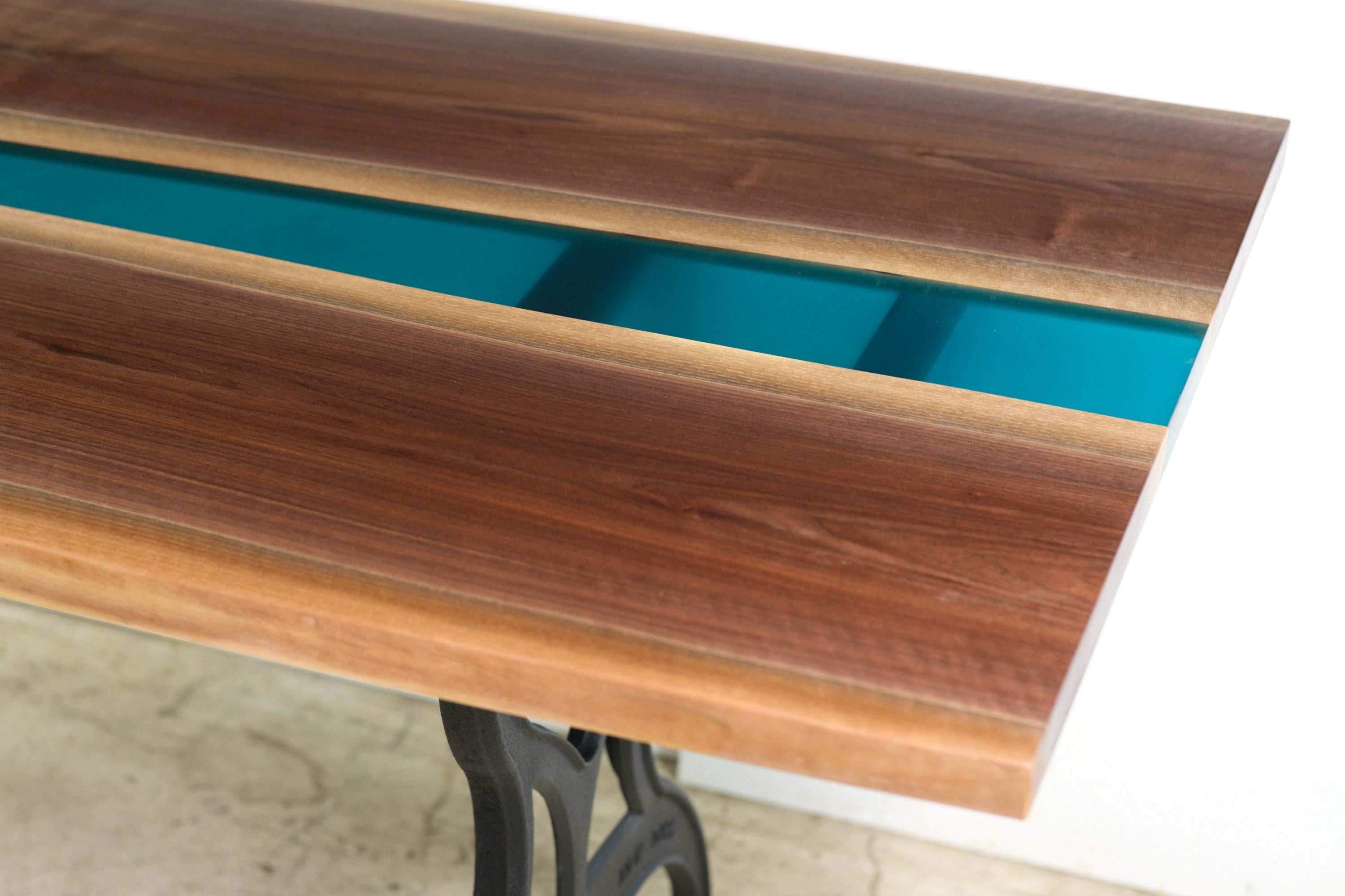 Walnut Live Edge Table w Blue Resin Details Industrial Legs Cast Iron ...