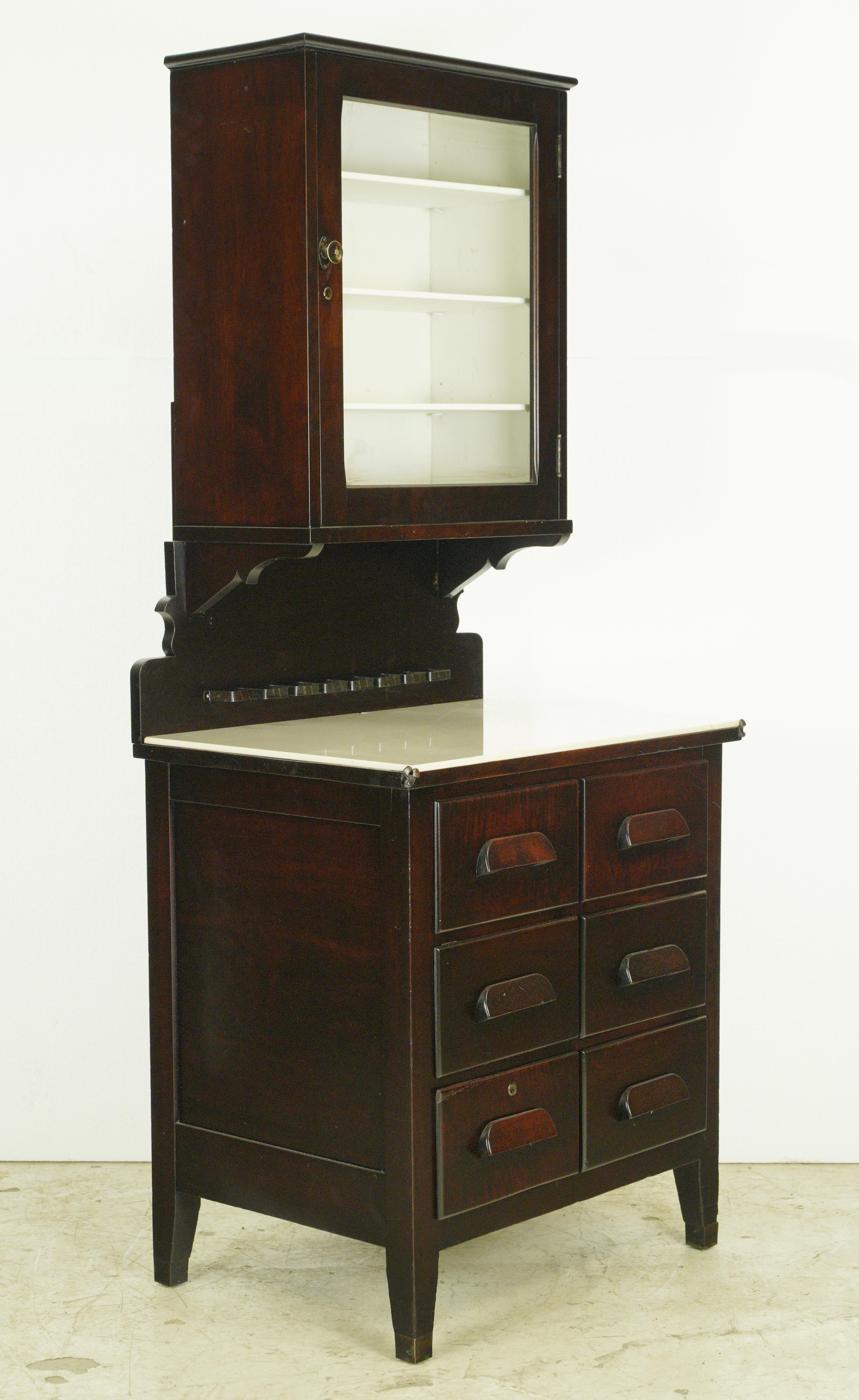 Walnut and Oak Milk Glass Top Dental Cabinet w Drawers For Sale at 1stDibs