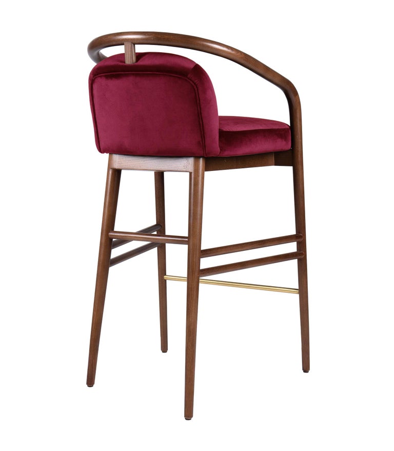 Walnut, Red Velvet Modern Essex Bar Stool For Sale at 1stDibs