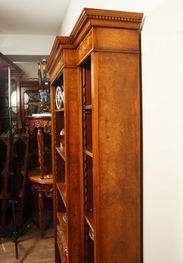 Walnut Regency Breakfront Bookcase Open Sheraton Inlay For Sale at 1stDibs