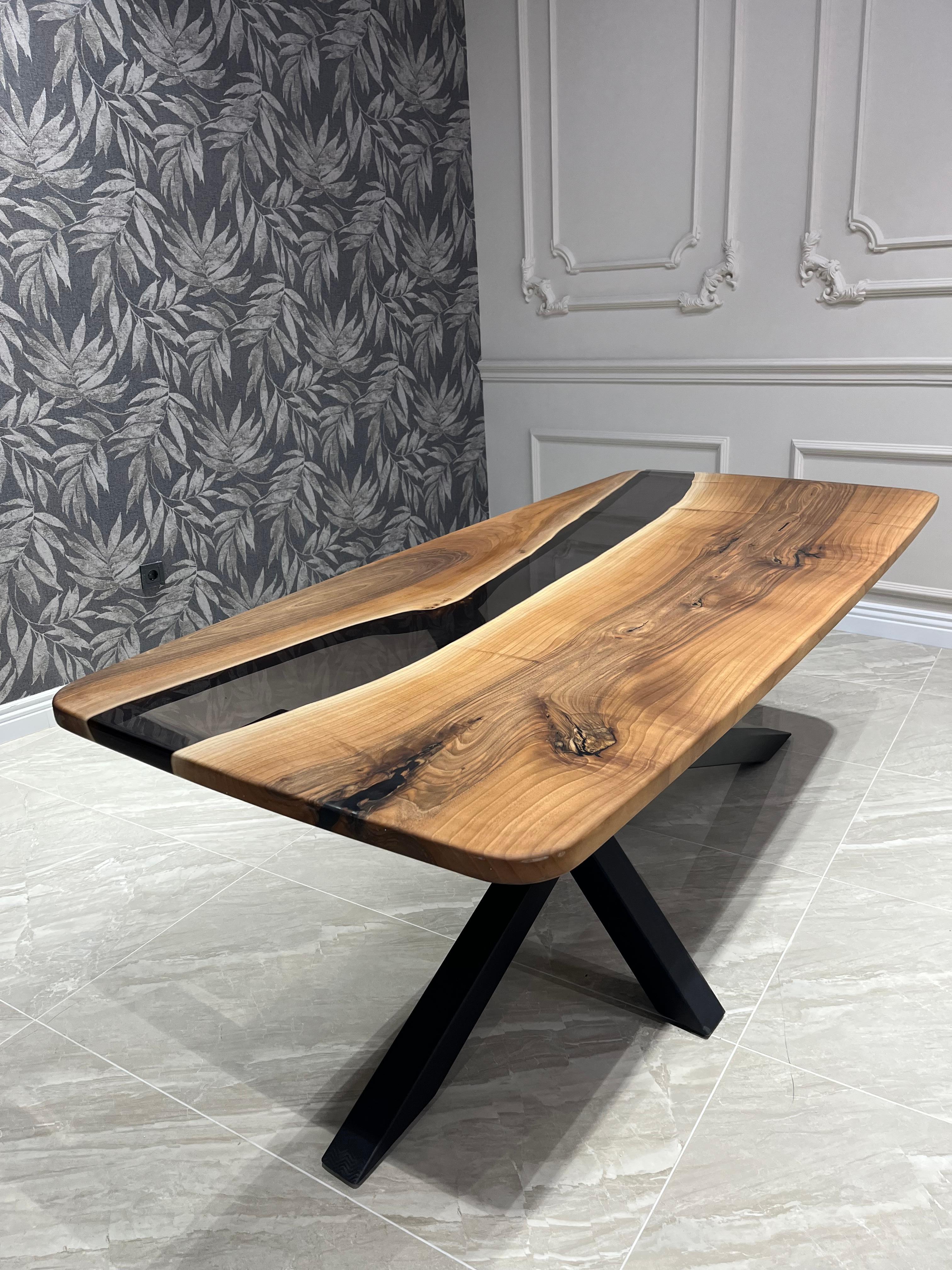 Walnut Resin Dining Table With Black Transparent Epoxy For Sale at 1stDibs