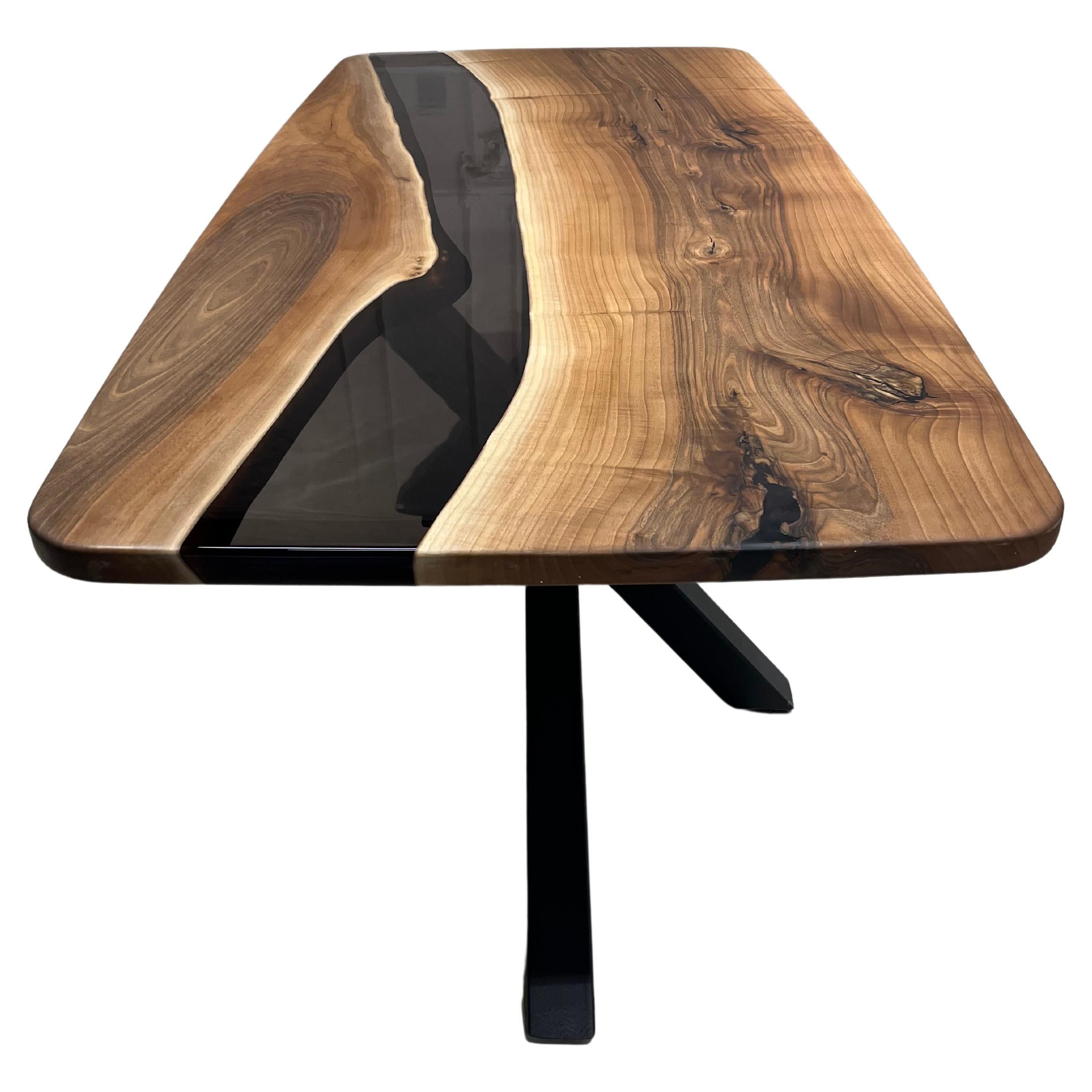 Walnut Resin Dining Table With Black Transparent Epoxy For Sale at 1stDibs