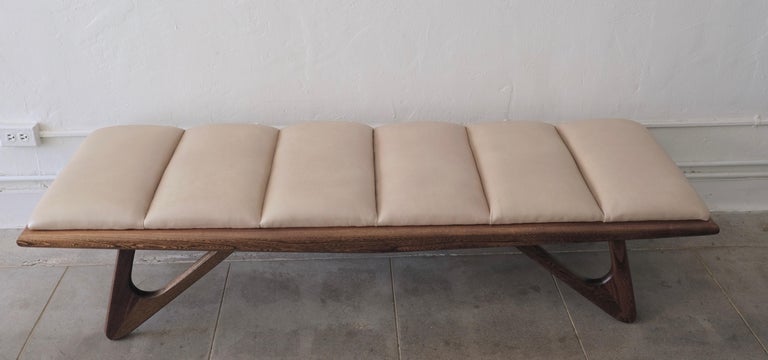 Walnut Stain Sculptural Bench with Channel Tufted Leather For Sale at ...
