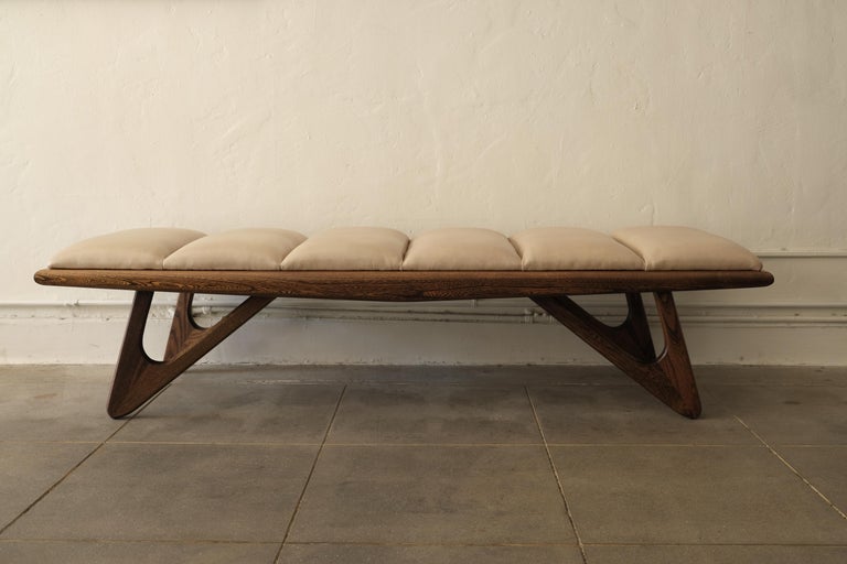 Walnut Stain Sculptural Bench with Channel Tufted Leather For Sale at ...