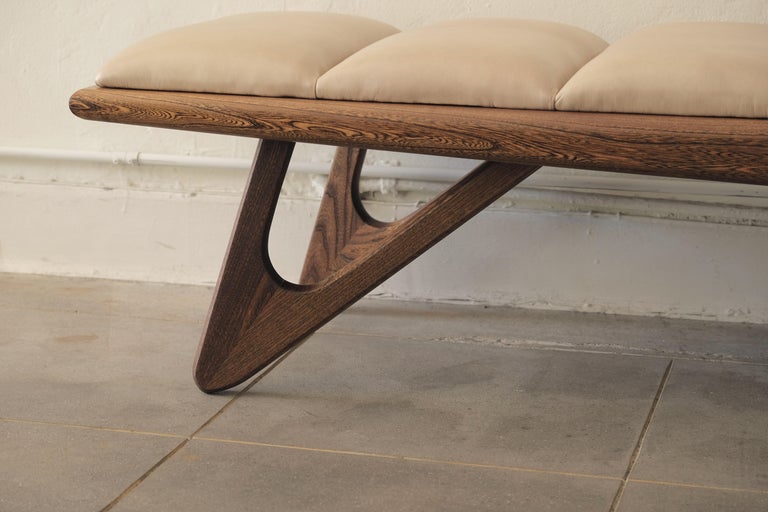 Walnut Stain Sculptural Bench with Channel Tufted Leather For Sale at ...