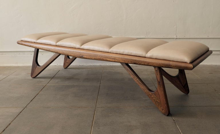 Walnut Stain Sculptural Bench with Channel Tufted Leather For Sale at ...