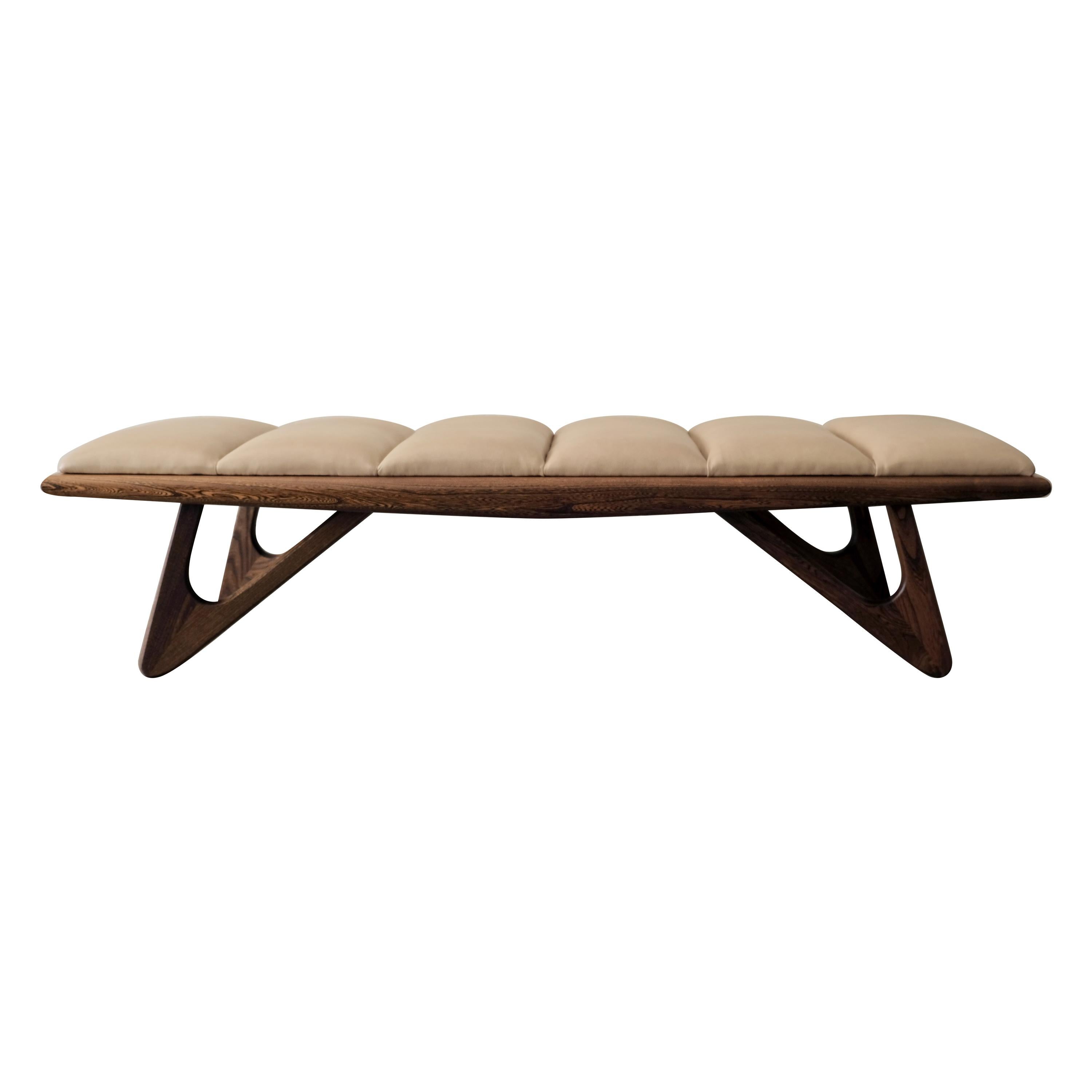 Walnut Stain Sculptural Bench with Channel Tufted Leather For Sale at ...