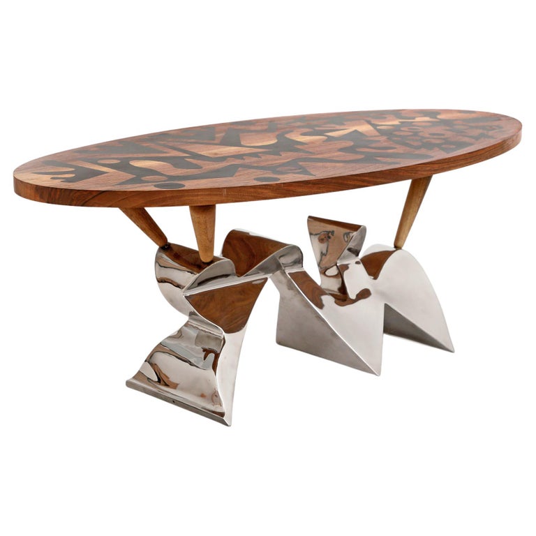 Walnut, Stainless Steel Cofee Table "Snake" For Sale at 1stDibs