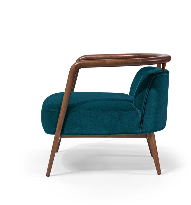 Walnut, Turquoise Velvet Modern Essex Armchair For Sale at 1stDibs
