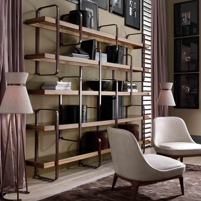 Walnut Wood, Leather, Metal, Harmony Bookcase For Sale at 1stDibs