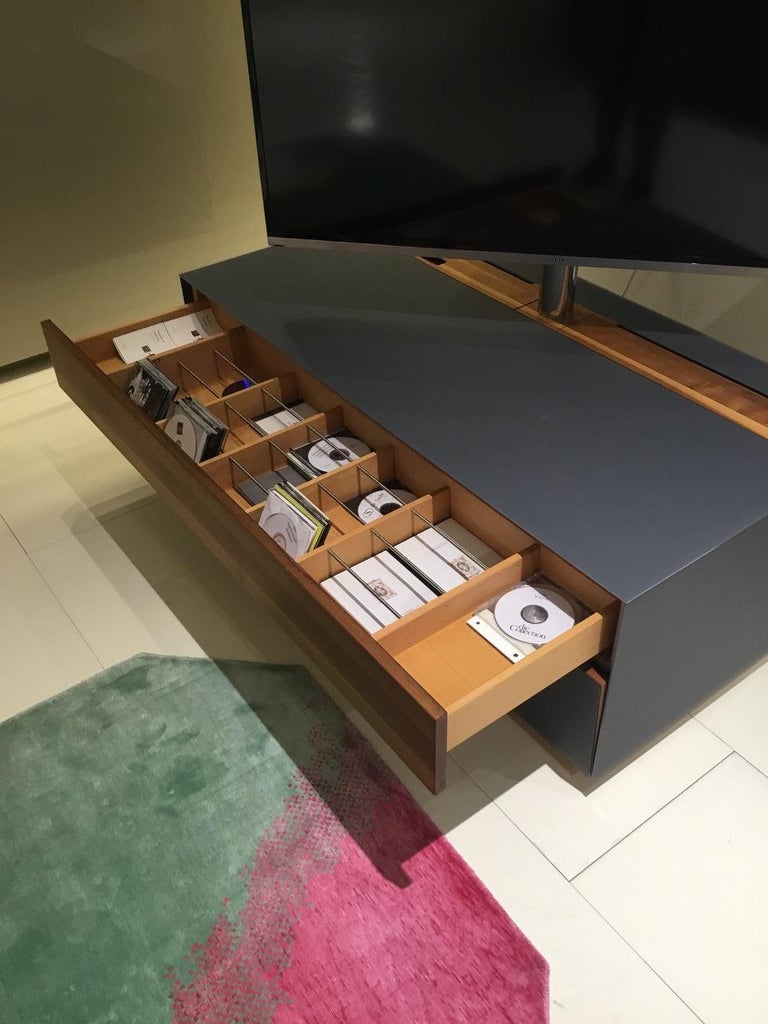 Walnut Wood and Matt Grey Glass Entertainment Center Media Unit with TV ...