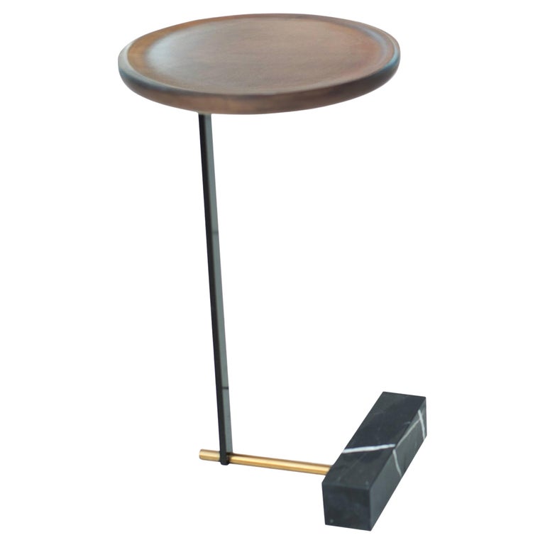 Walnut Wood Nero Marble Rock Side Table For Sale at 1stDibs