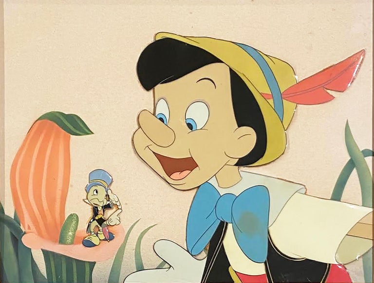 Walt Disney - Production Cel of Pinocchio and Jiminy Cricket on a ...