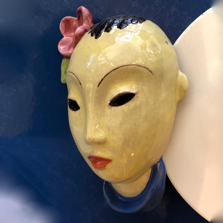 Walter Bosse Ceramic Wall Mask, Austria circa 1930s, Yellow, Blue, Red ...