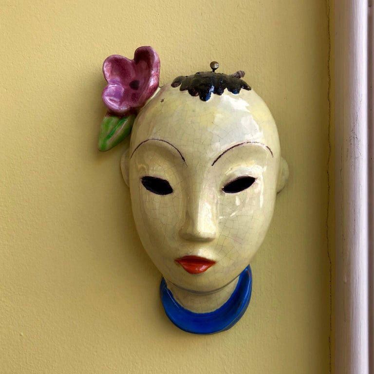 Walter Bosse Ceramic Wall Mask, Austria circa 1930s, Yellow, Blue, Red ...