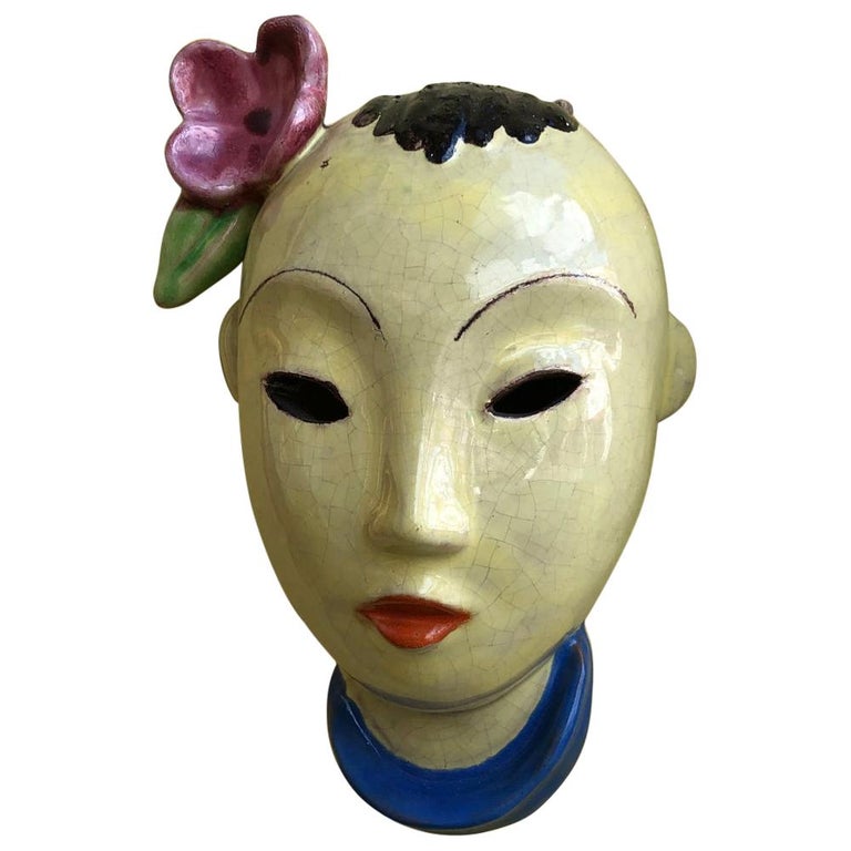 Walter Bosse Ceramic Wall Mask, Austria circa 1930s, Yellow, Blue, Red ...