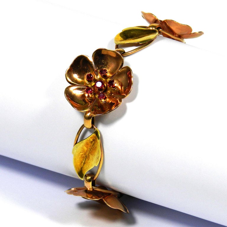 Walter Lampl Retro 14 Karat Gold Ruby Flower Bracelet, circa 1940 at ...