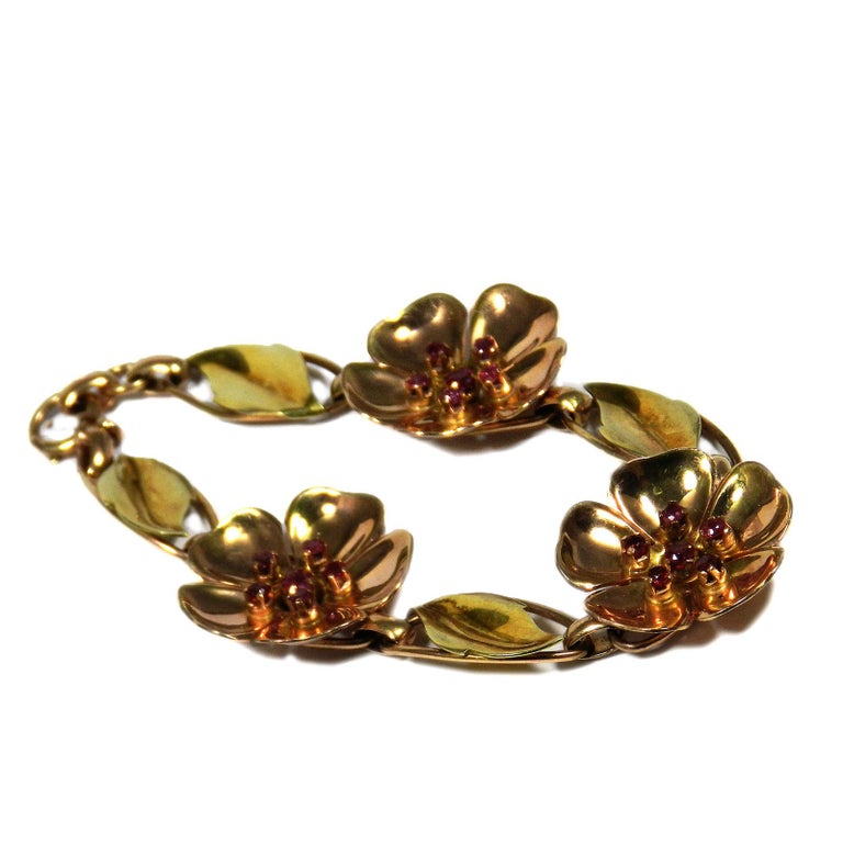 Walter Lampl Retro 14 Karat Gold Ruby Flower Bracelet, circa 1940 at ...