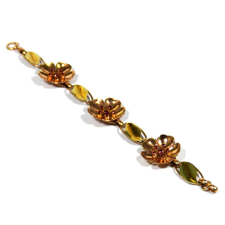 Walter Lampl Retro 14 Karat Gold Ruby Flower Bracelet, circa 1940 at ...