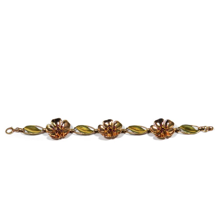 Walter Lampl Retro 14 Karat Gold Ruby Flower Bracelet, circa 1940 at ...