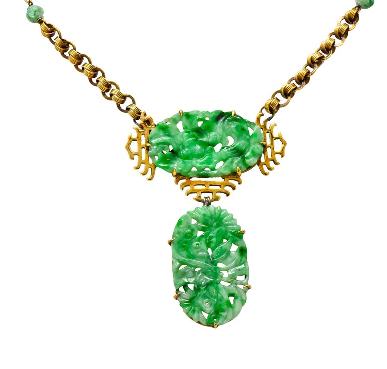 Walter Lampl Retro Jade 14 Karat Yellow Gold Drop Necklace at 1stDibs