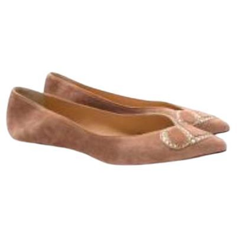 Warm beige suede crystal embellished flat pumps For Sale at 1stDibs