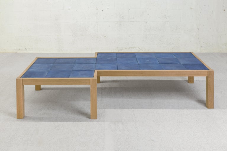 Warm Contemporary Low Table in Natural Oak and Blue Tile by Vivian ...