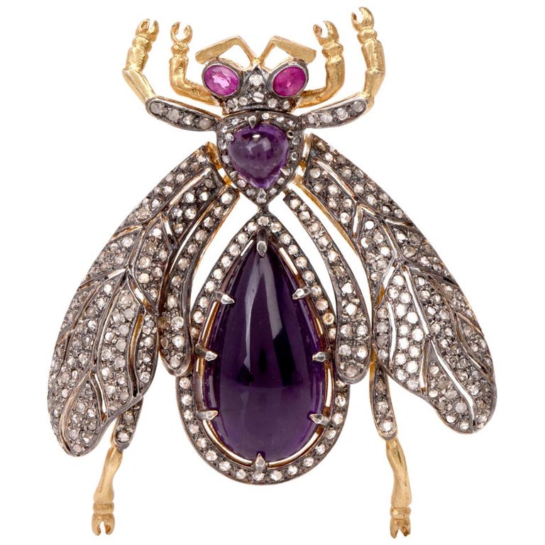 Wasp Bug Amethyst Diamond Silver Vermeil Gold Pin Brooch For Sale at ...
