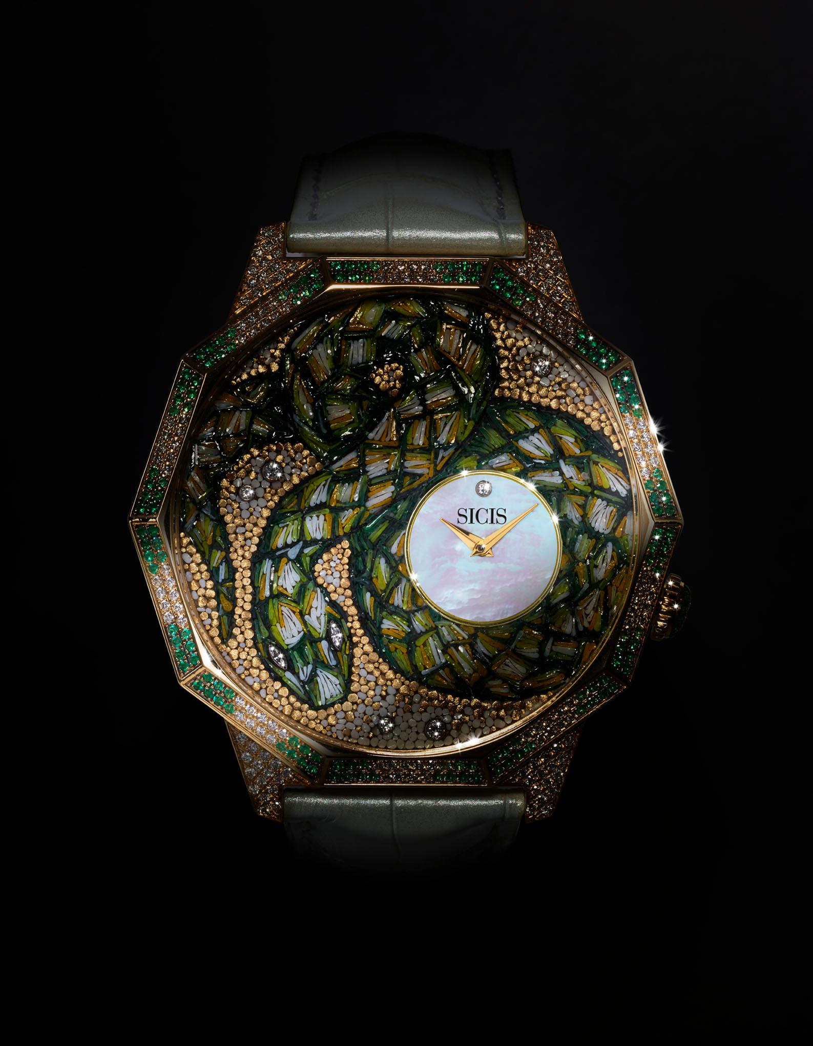 Watch Automatic Gold White Diamonds Emeralds Galuchat Strap Nano Mosaic ...