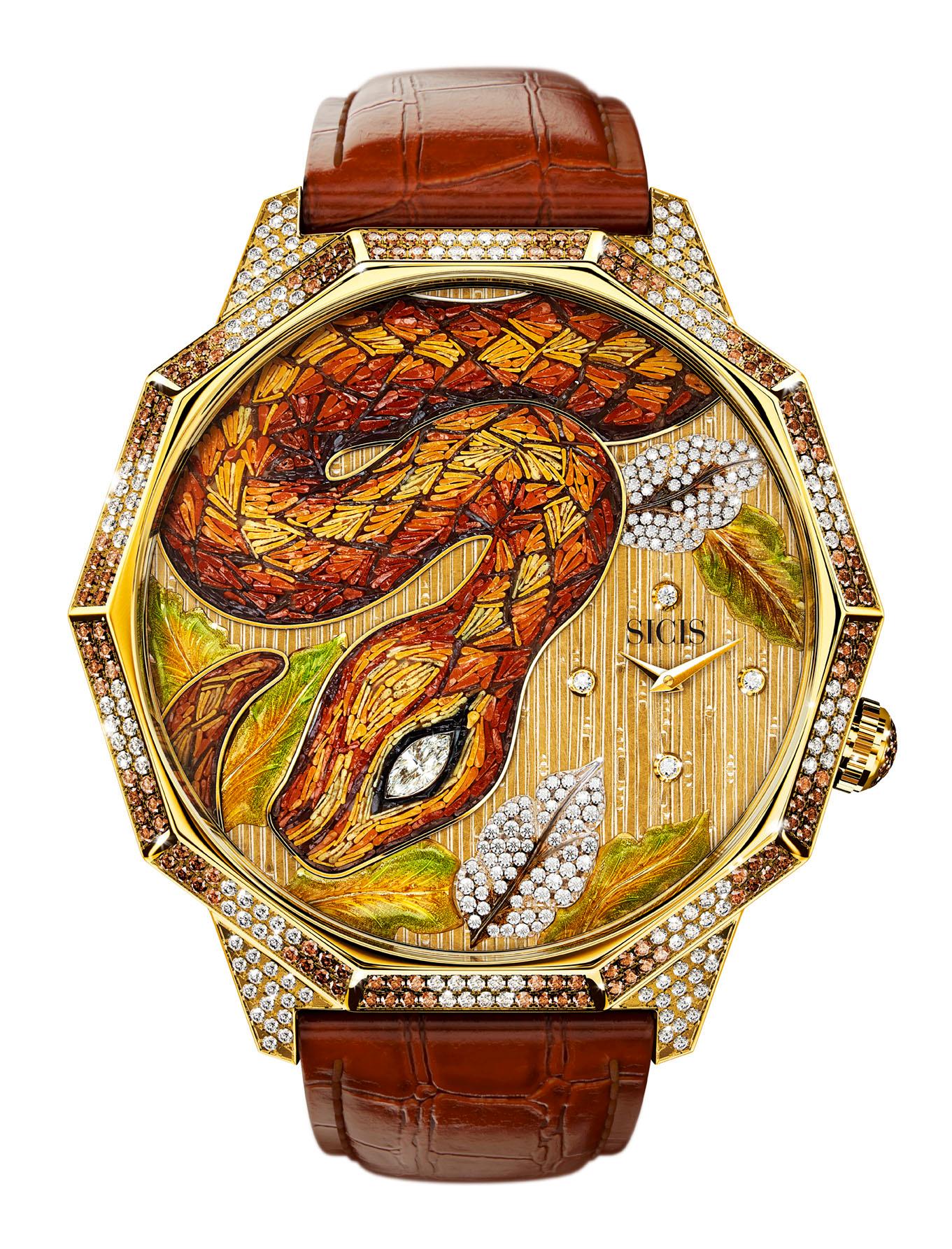 Watch Automatic Gold White Diamonds Emeralds Galuchat Strap Nano Mosaic ...