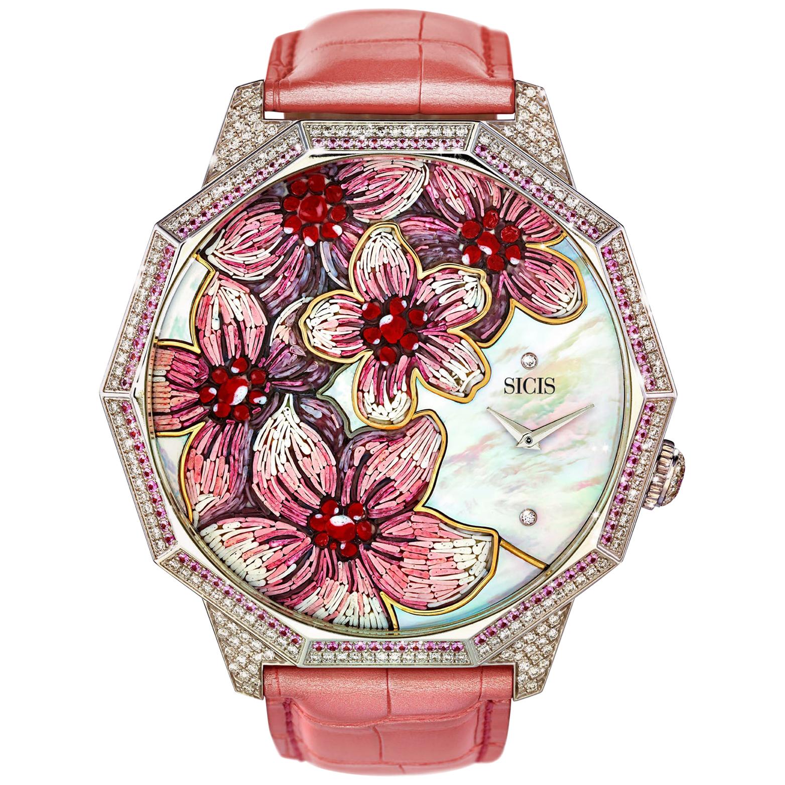 Watch Automatic White Gold White Diamonds Sapphires Alligator Strap ...