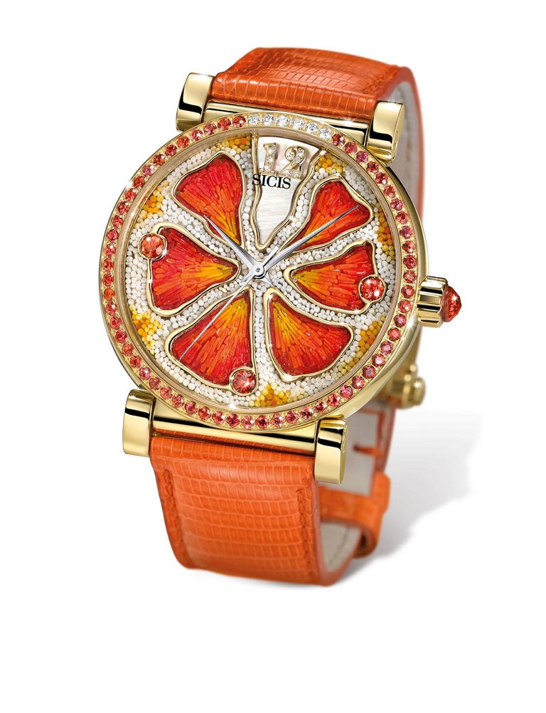 Watch Gold White Diamonds Sapphires Mother of Pearl Lizard Strap ...