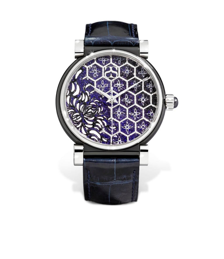 Watch White Gold Steel Sapphires Alligator Strap Hand Decorated with ...