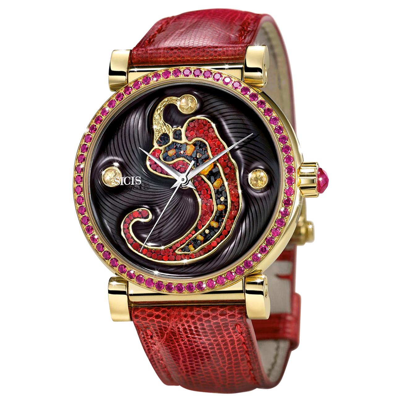 Watch Yellow Gold Sapphires Ruby Lizard Strap Handdecorated with ...