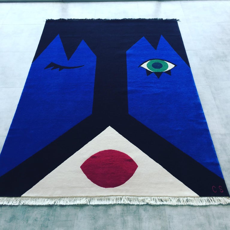 Watching - Unique Modern Geometric Wool Rug with Graphic Blue Red White ...