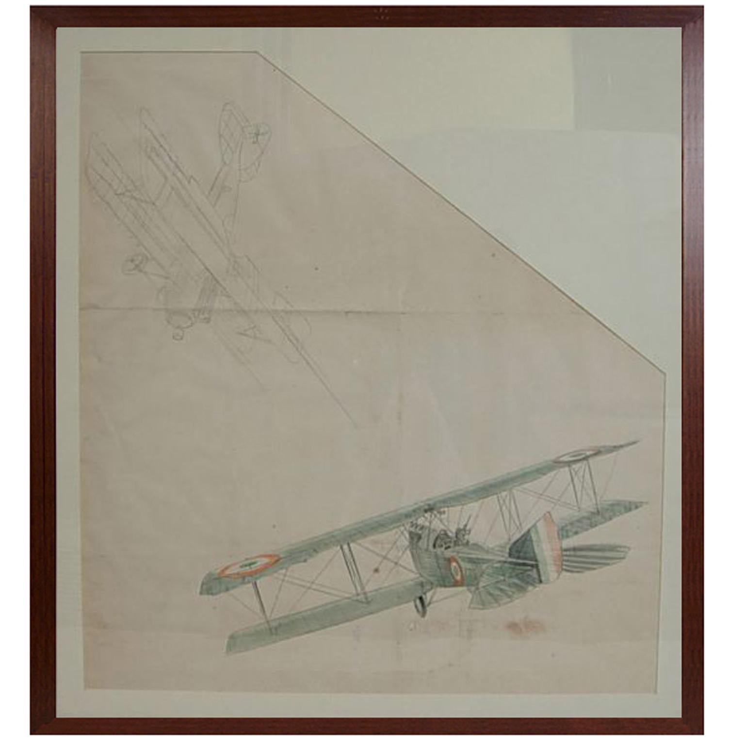 Water-Color and Pencil Drawing Representing Two Biplanes of the WWI at ...