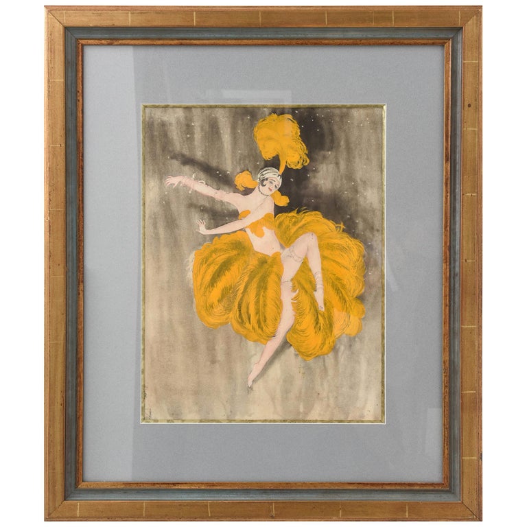 Watercolor of a Art Deco Burlesque Dancer For Sale at 1stdibs