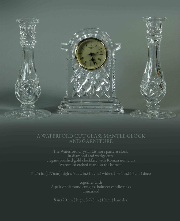 Waterford Cut Glass Mantle Clock and Garniture at 1stDibs