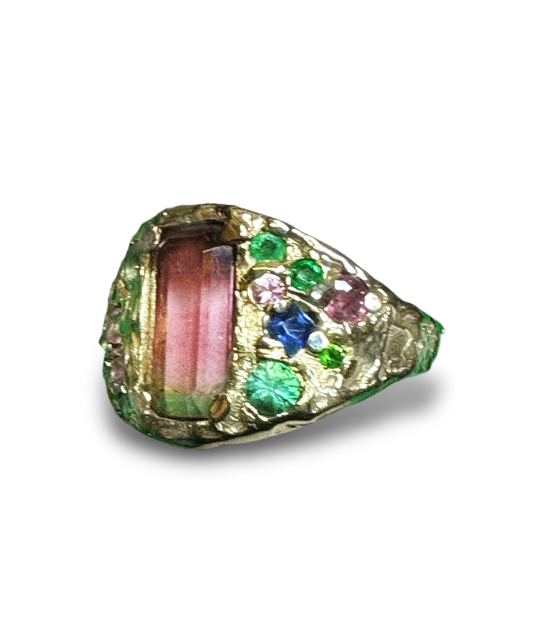 Watermelon Bi color Tourmaline Cocktail Ring with emeralds and ...