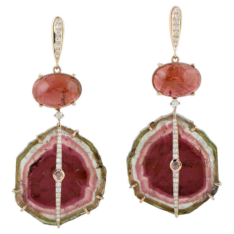 Watermelon Sliced Tourmaline with Rosecut Tourmaline Earrings in 18k ...