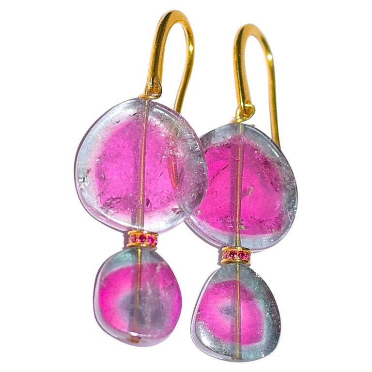 Watermelon Tourmaline, Ruby Eternity Bead Earrings in 18K Solid Yellow ...