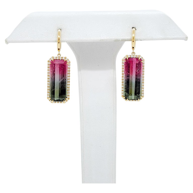 Watermelon Tourmaline and White Diamond Dangle Earrings in 18k Yellow ...