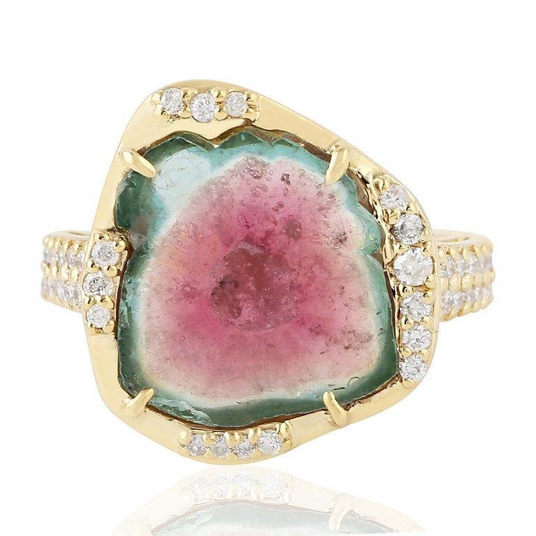 Watermelon Tourmaline Cocktail Ring with Diamonds Made in 18k Yellow ...
