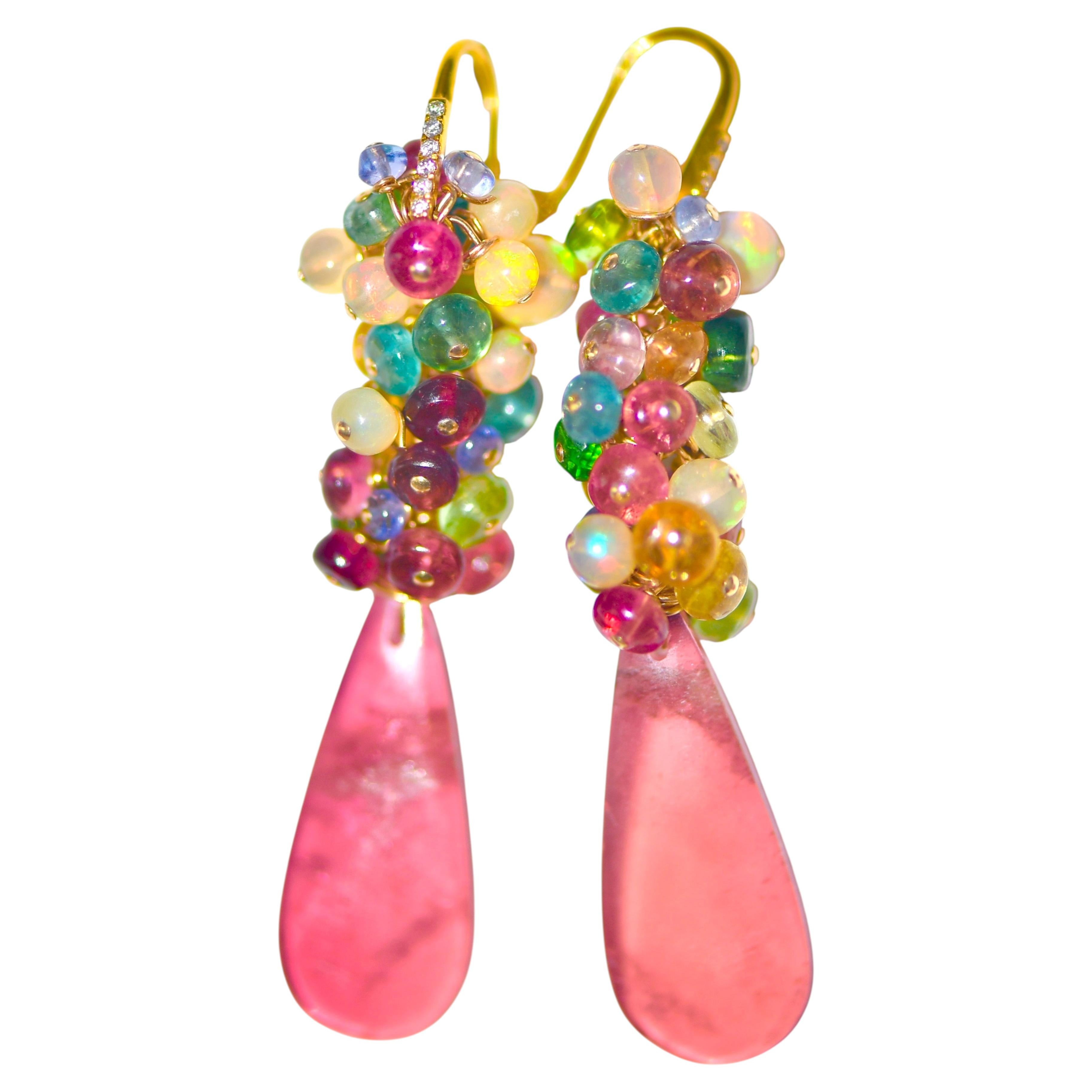 Watermelon Tourmaline, Multicolored Gemstones Earrings in 14K Solid ...