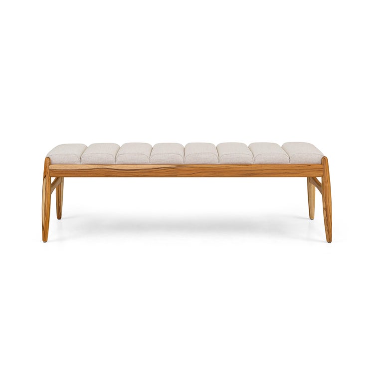 Wave Bench in Teak Finish and Light Fabric at 1stDibs