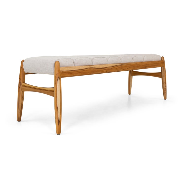 Wave Bench in Teak Finish and Light Fabric at 1stDibs