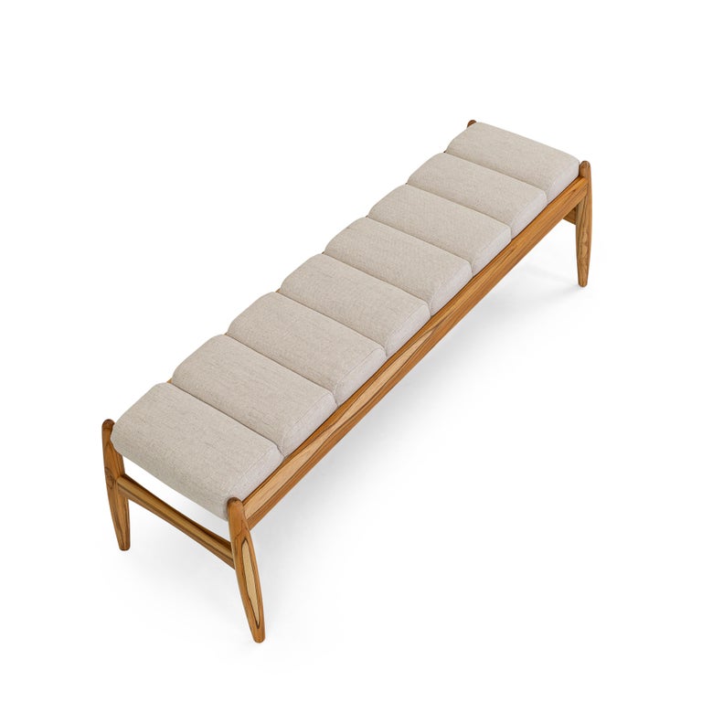 Wave Bench in Teak Finish and Light Fabric at 1stDibs
