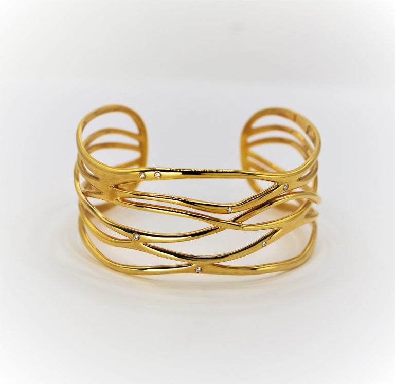 Waves Cage Cuff Bangle Bracelet White Brilliant Cut Diamonds 18Kt Yellow Gold For Sale at 1stDibs