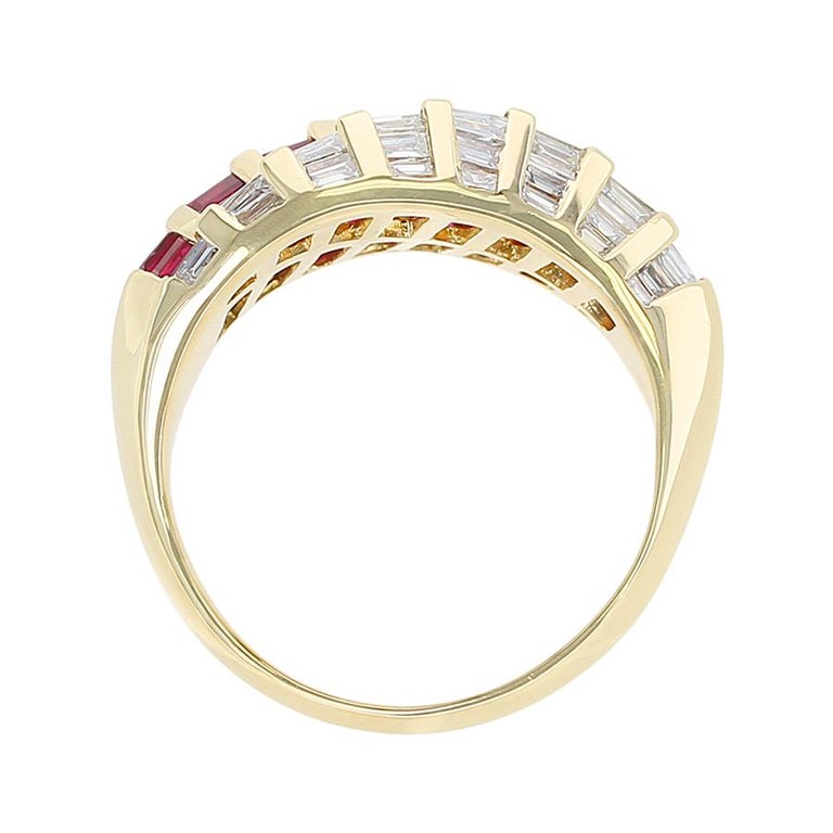 Wavy Ruby and Diamond Baguette Ring, 18 Karat Yellow Gold For Sale at 1stDibs